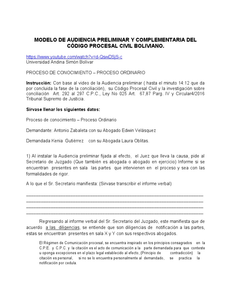 Instruciones Audiencia Preliminar y Complementaria | PDF | Demanda judicial | Ley procesal