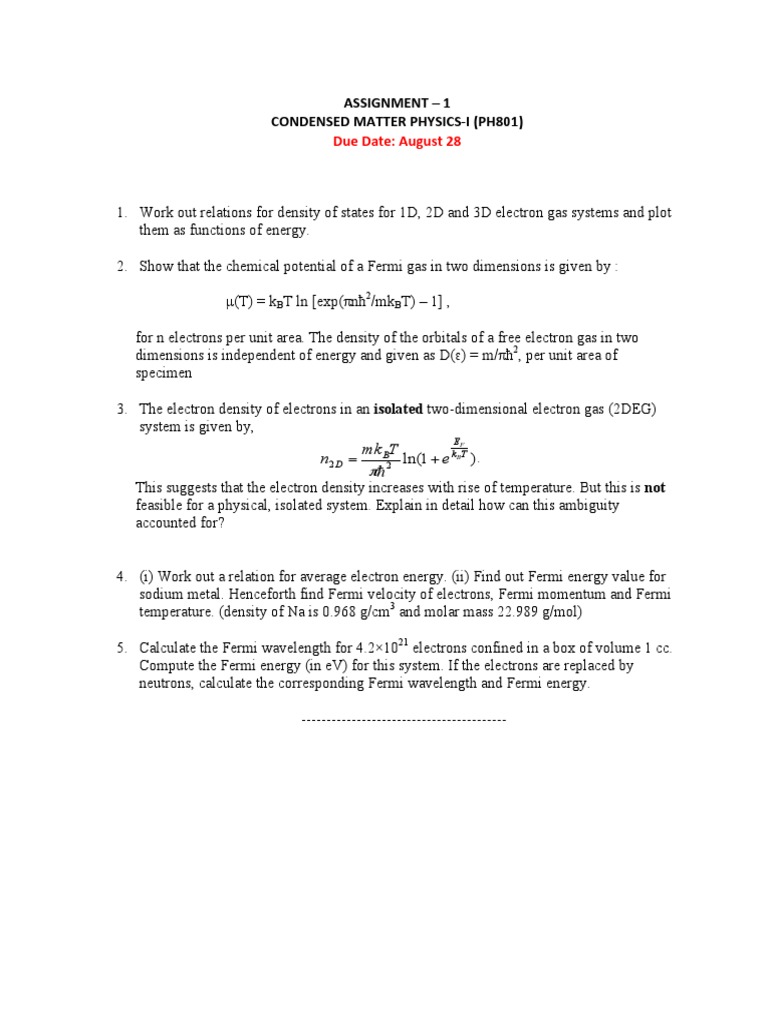 Assignment - 1 Condensed Matter Physics - I (Ph801) | PDF | Electron | Physical Quantities