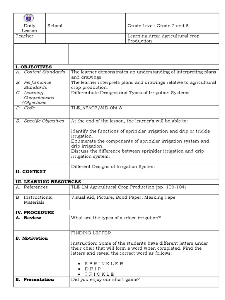 Irrigation Systems Lesson Plan for Grades 7-8 | PDF | Irrigation | Learning