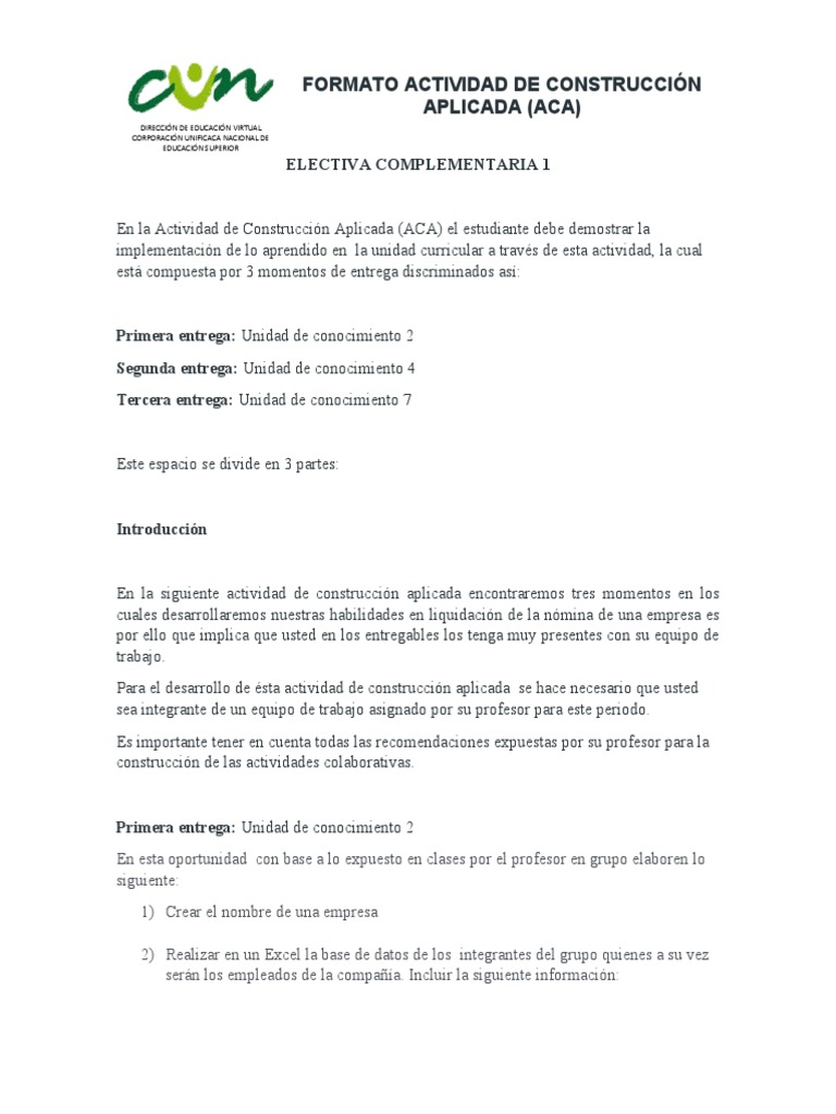 Actividad de Construcción Aplicada (ACA) Electiva Complementaria 1 Nomina y Prestaciones ...