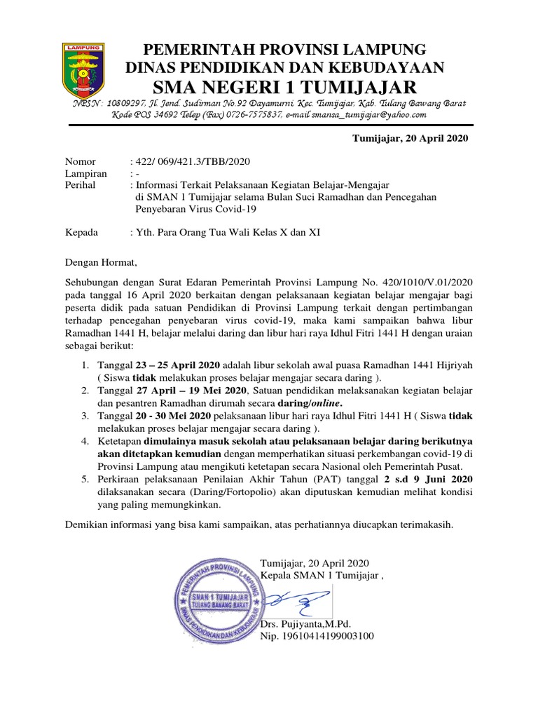 Surat Edaran KBM-SMAN 1 Tumijajar-2020 | PDF