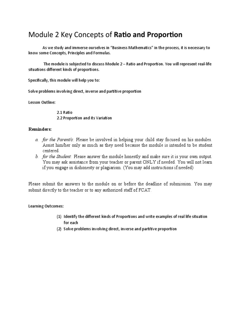 Business Mathematics G11 Q1 M 2 | PDF | Fraction (Mathematics) | Ratio