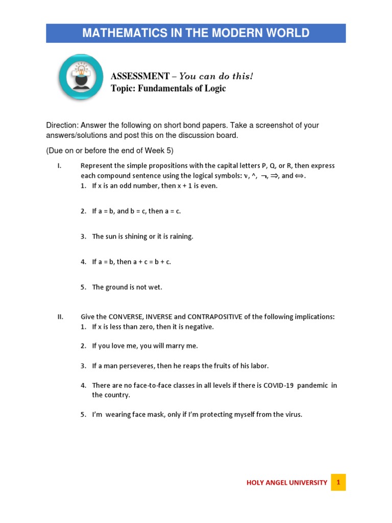 MATHMWORLD MODULE-1 ASSESS Logic-122222 PDF | PDF