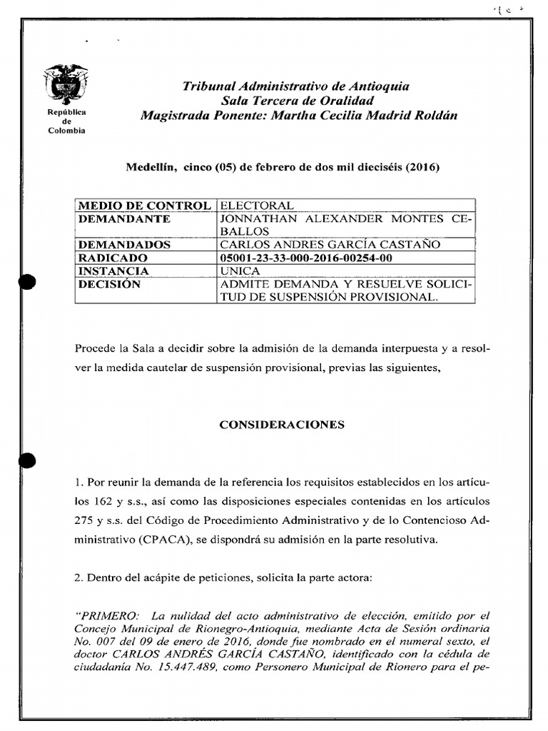 Demanda Nulidad Electoral 2016-00254 PDF | PDF