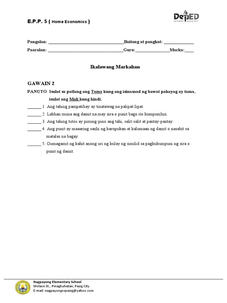Epp 5 - 2nd QTR - Gawain 2 - Pagsusulsi NG Ibat-Ibang Uri NG Punit | PDF