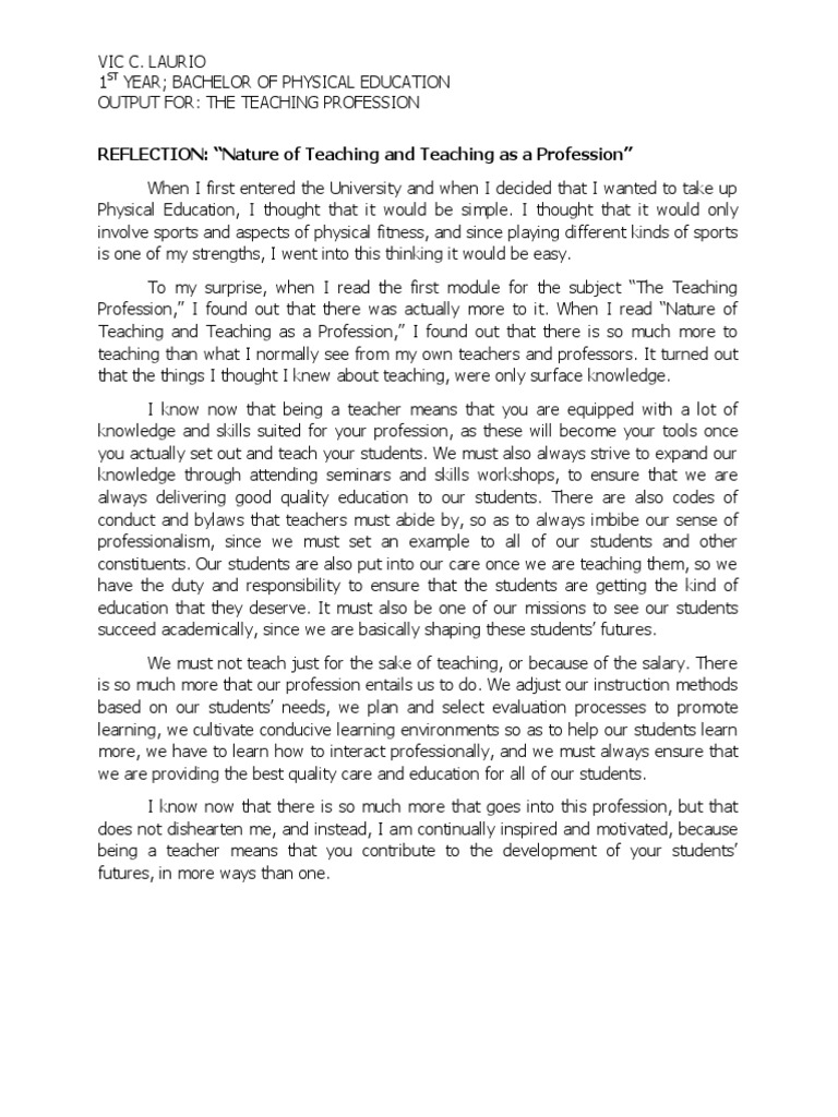 Nature of Teaching and Teaching as a Profession Reflection | PDF | Teachers | Change