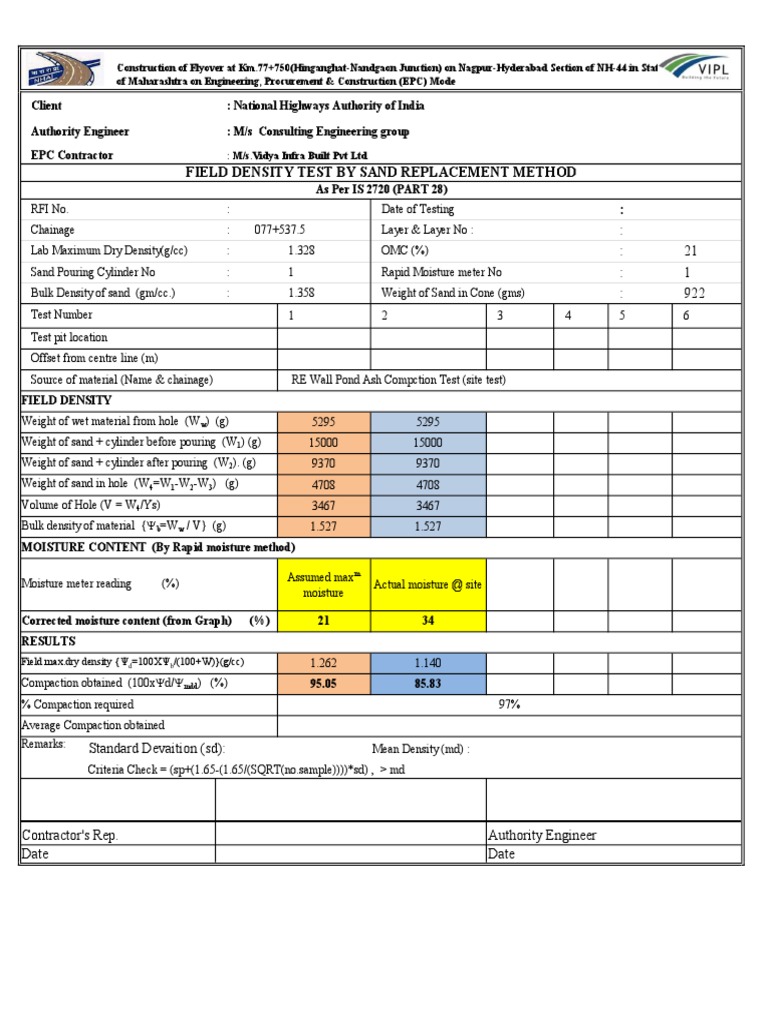 Field Density Test by Sand Replacement Method | PDF | Density | Nature