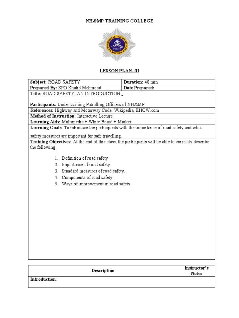 Lesson Plan 1 An Introduction of Road Safety | PDF | Road Traffic ...