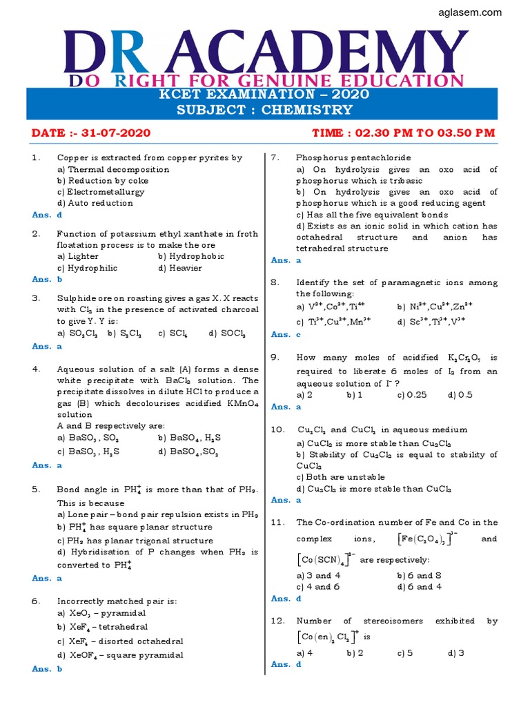 KCET 2020 Chemistry Question Paper and Solution by D R Academy | PDF ...