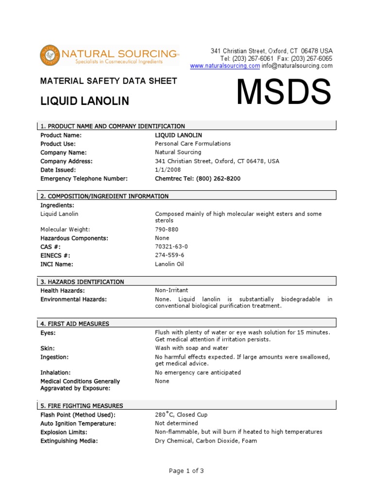 Liquid Lanolin: Material Safety Data Sheet | PDF | Combustion | Carbon ...