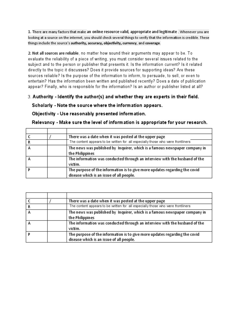 Evaluating the Credibility and Reliability of Online Sources | PDF ...