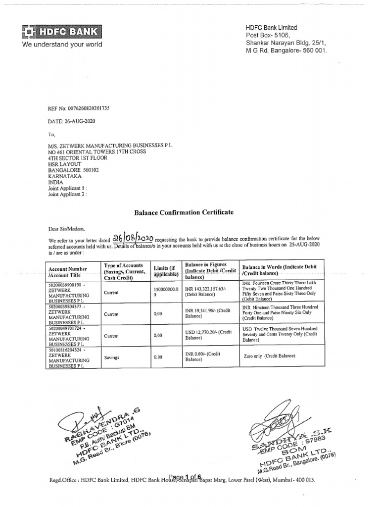 HDFC Balance Confirmation | PDF