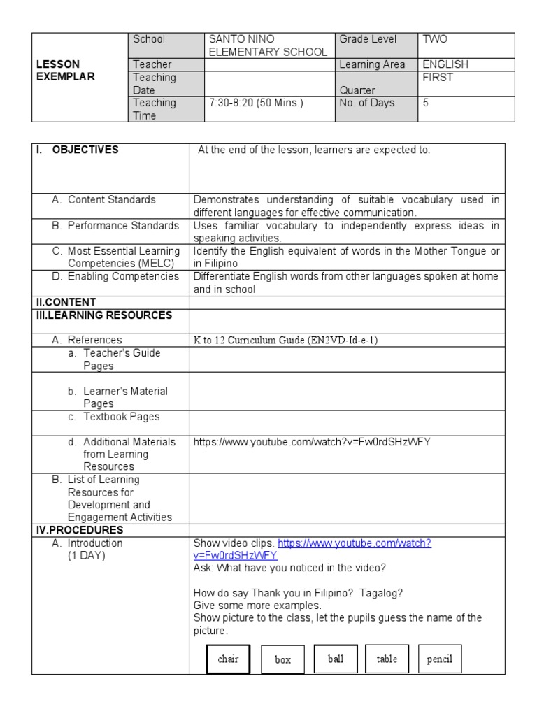 Lesson Exemplar English 2 Q1 MELC5 | PDF | Tagalog Language | English ...
