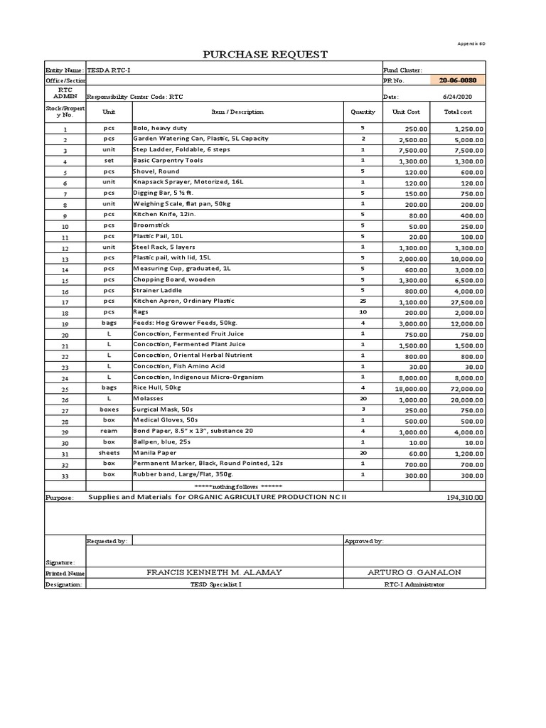 Purchase Request for Organic Agriculture Supplies | PDF | Payments | Cheque