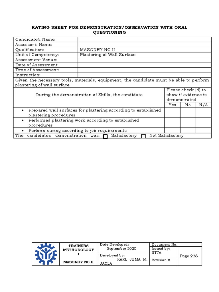 5 Rating Sheet For Demonstration or Observation With Oral Questioning | PDF