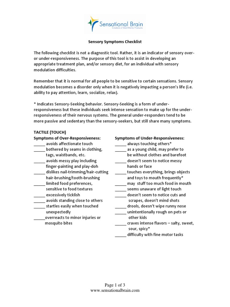Sensory Symptoms Checklist | PDF | Taste | Odor