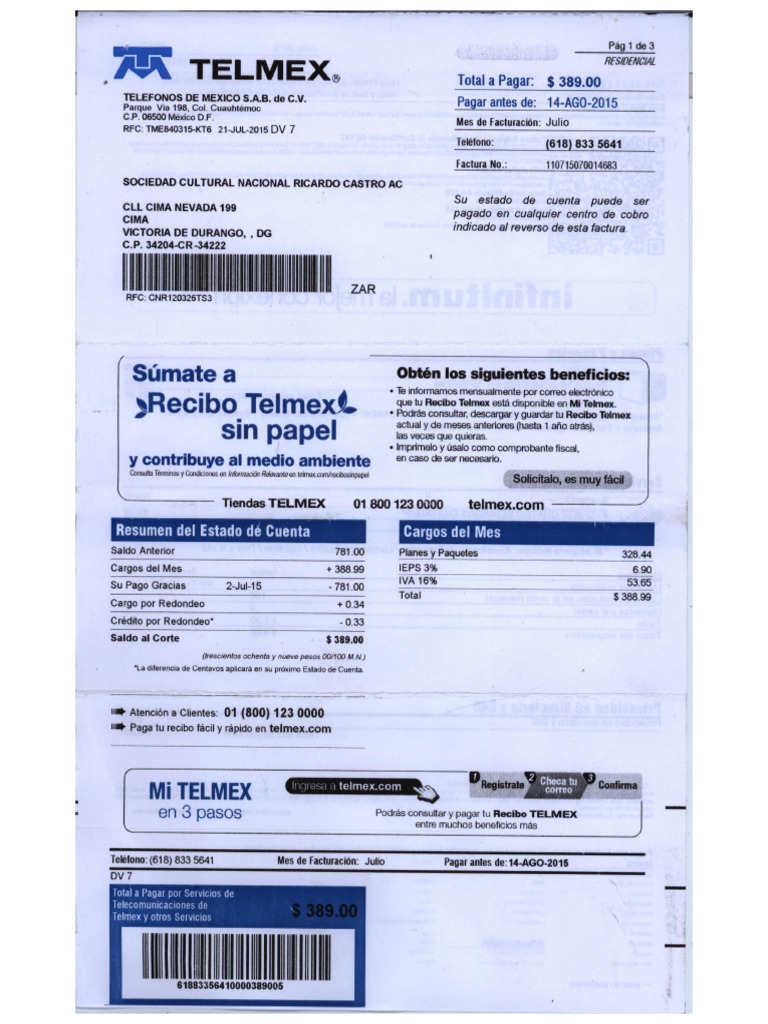Factura Telefónica TELMEX | PDF