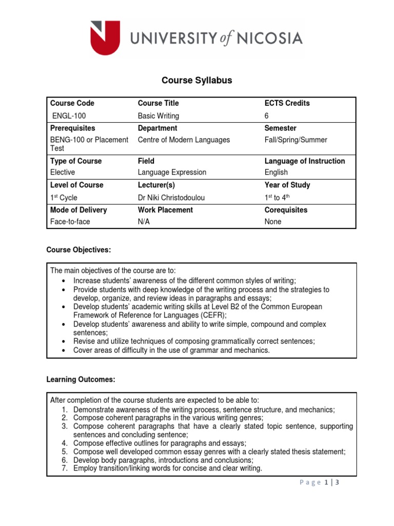 Course Syllabus: Course Code Course Title ECTS Credits | PDF | Essays ...