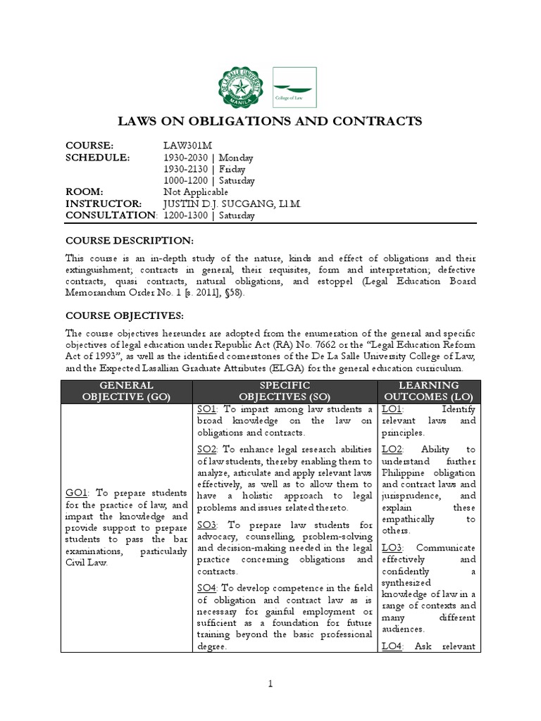 Syllabus - Obligations and Contracts (S1AY2020-2021) | PDF | Legal ...
