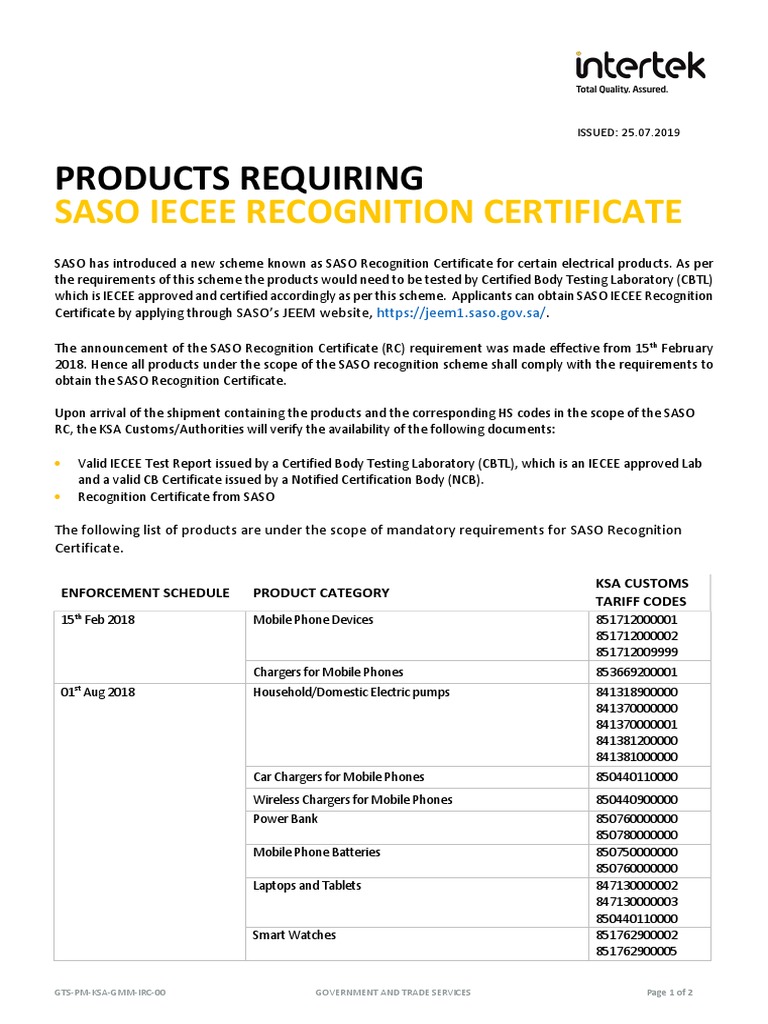 Products Requiring: Saso Iecee Recognition Certificate | PDF | Battery Charger | Mobile Technology