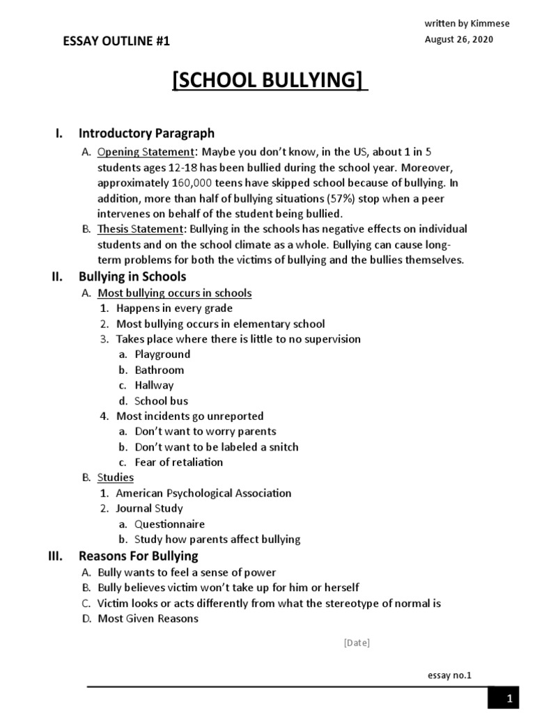 (School Bullying) : Essay Outline #1 | PDF | Bullying | Interpersonal ...