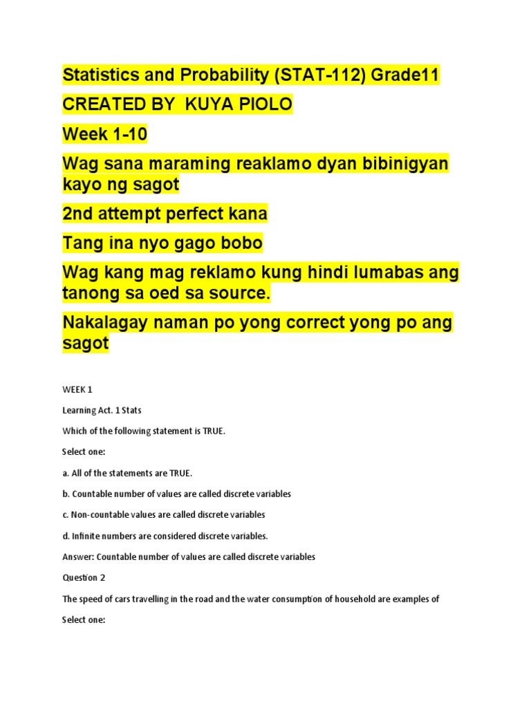 Statistics and Probability STAT 112 Grade11 Week 1 10 Kuya Piolo | PDF | Statistical Hypothesis ...
