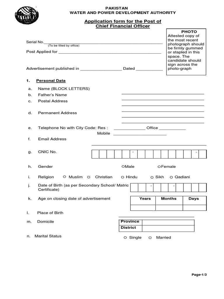 Application Form For The Post of Chief Financial Officer: Serial No ...
