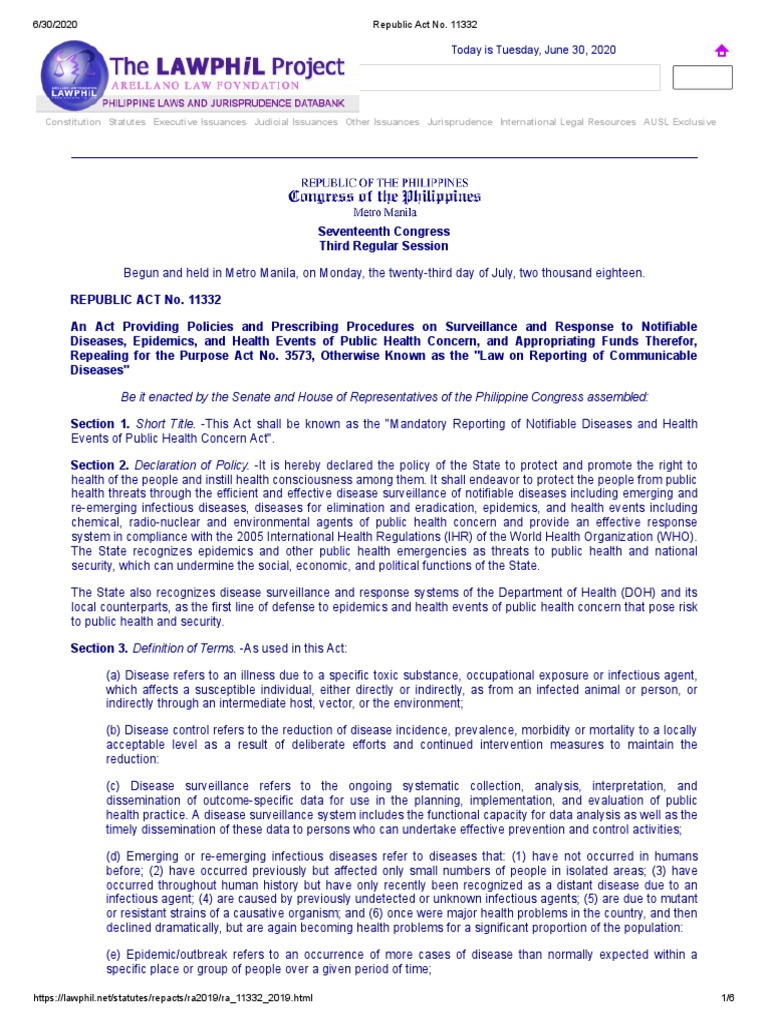 Republic Act No. 11332 | PDF | Public Health | Infection