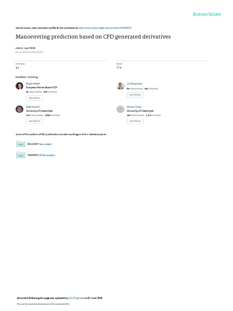 Manoeuvring Prediction Based On CFD Generated Derivatives: April 2016 | PDF | Computational ...