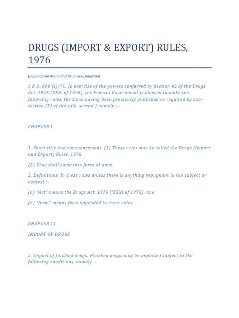 Drugs (Import & Export) Rules, 1976: (Copied From Manual of Drug Law ...