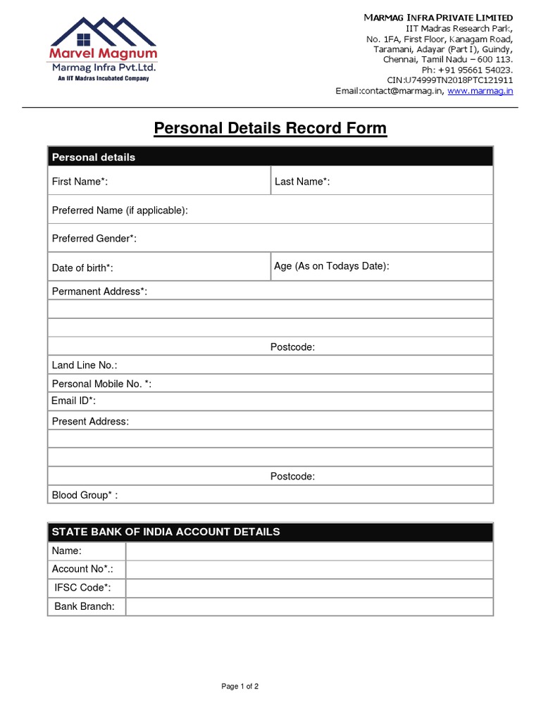Personal Details Record Form | PDF | Tamil Nadu | Written Communication