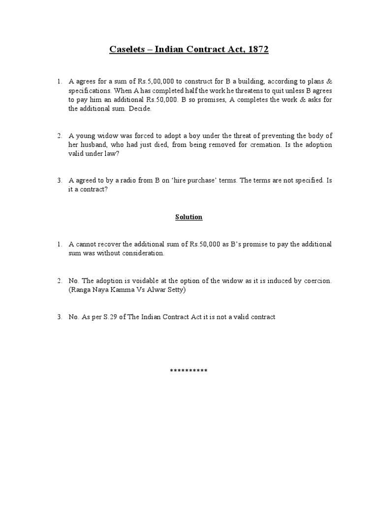 Caselets - Indian Contract Act | PDF