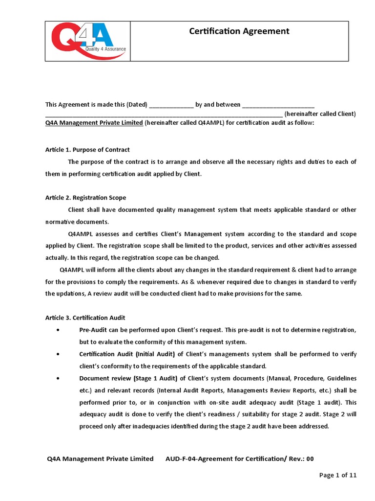 Certification Agreement Summary | PDF | Audit | Certification