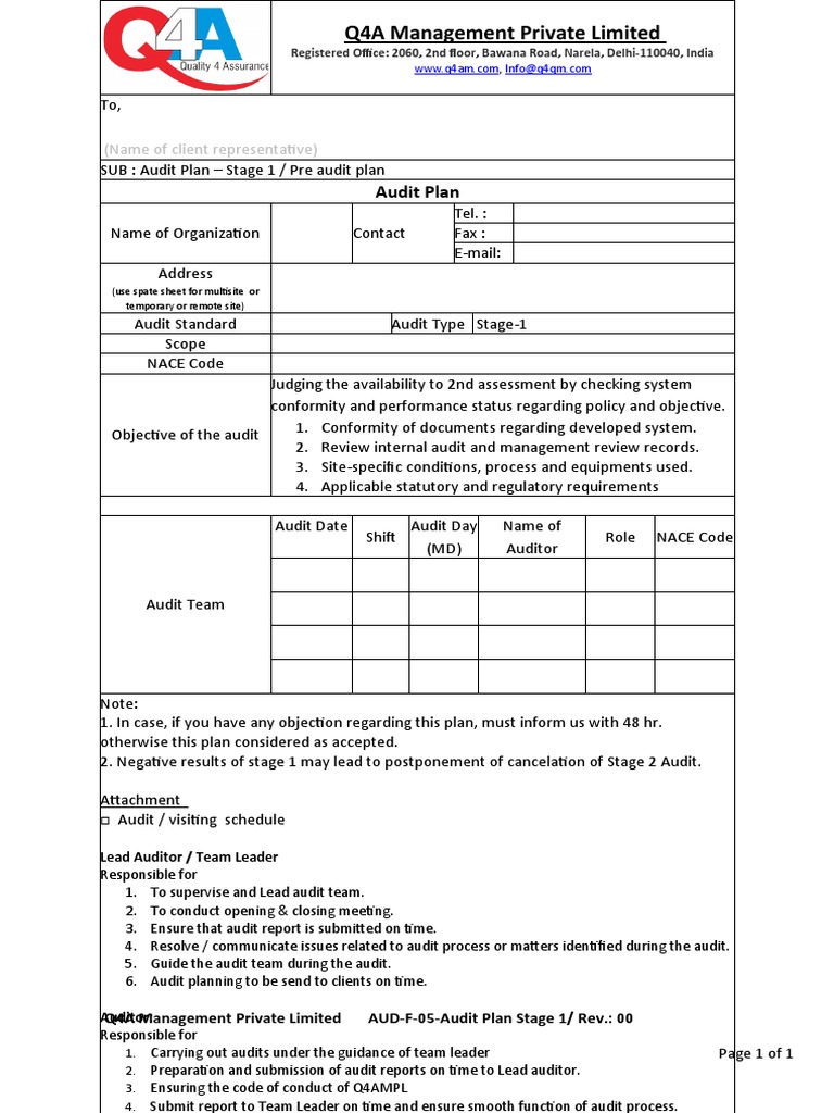 AUD-F-05-Audit Plan Stage 1 | PDF | Auditor's Report | Audit
