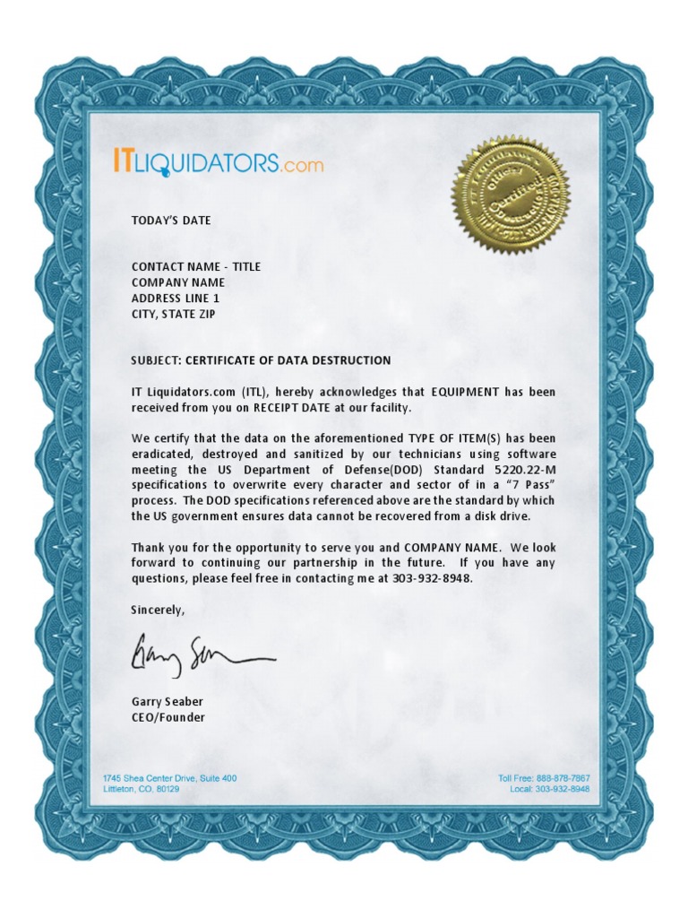 Certificate of Data Destruction | PDF