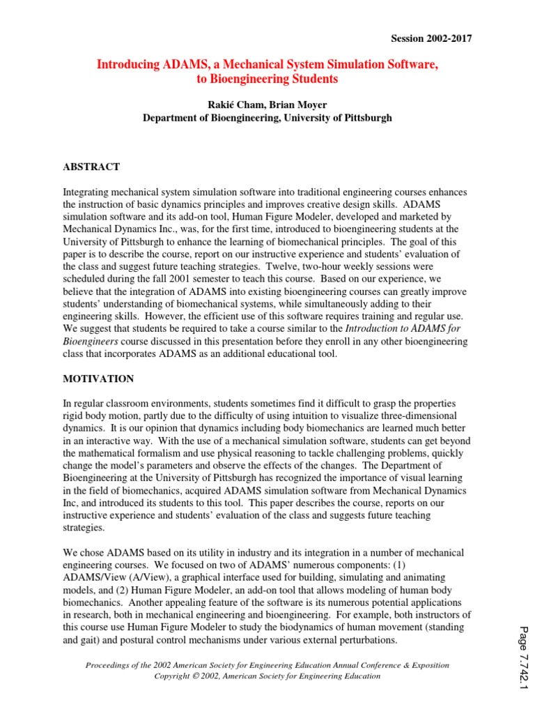 Introducing Adams A Mechanical System Simulation Software To Bioengineering Students | PDF ...