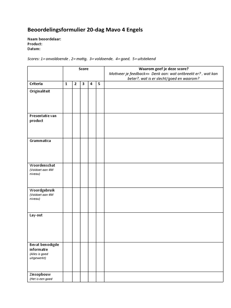 Beoordelingsformulier 20-Dag Mavo 4 Producten | PDF