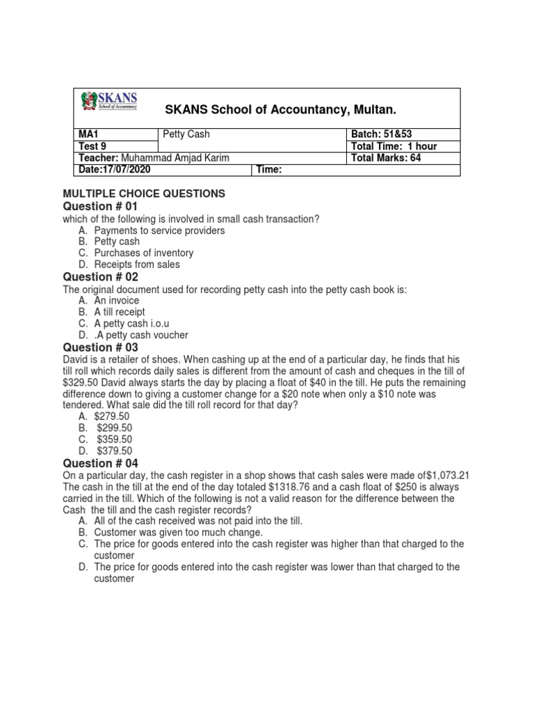 Petty Cash Test | PDF | Bookkeeping | Services (Economics)