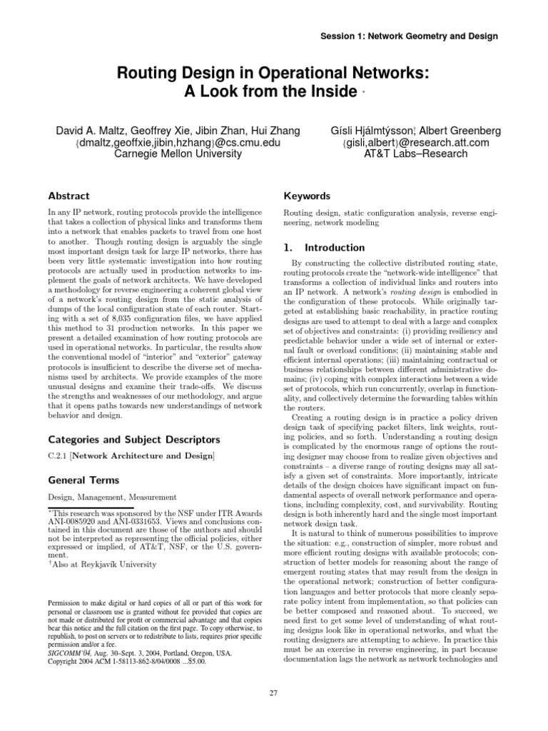 Maltz, David A., Xie, Geoffrey, Zahn, Jibin, Zhang, Hui Routing Design in Operational Networks ...