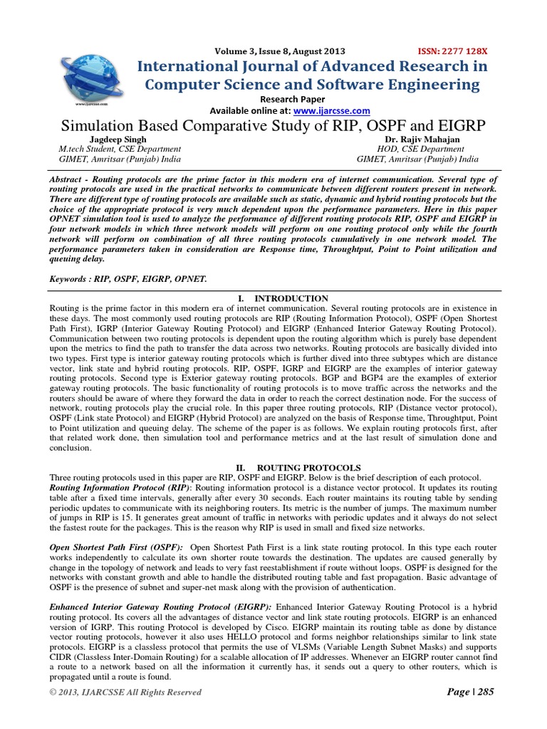 Singh, J., Mahajan, R. (2013) Simulation Based Comparative Study of RIP ... Singh, J., Mahajan, R. (2013) Simulation Based Comparative Study of RIP ...