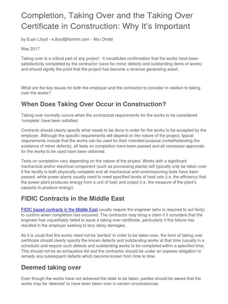 Completion, Taking Over and The Taking Over Certificate in Construction ...