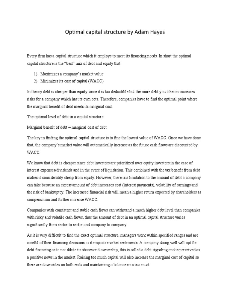 Optimal Capital Structure by Adam Hayes | PDF | Capital Structure ...