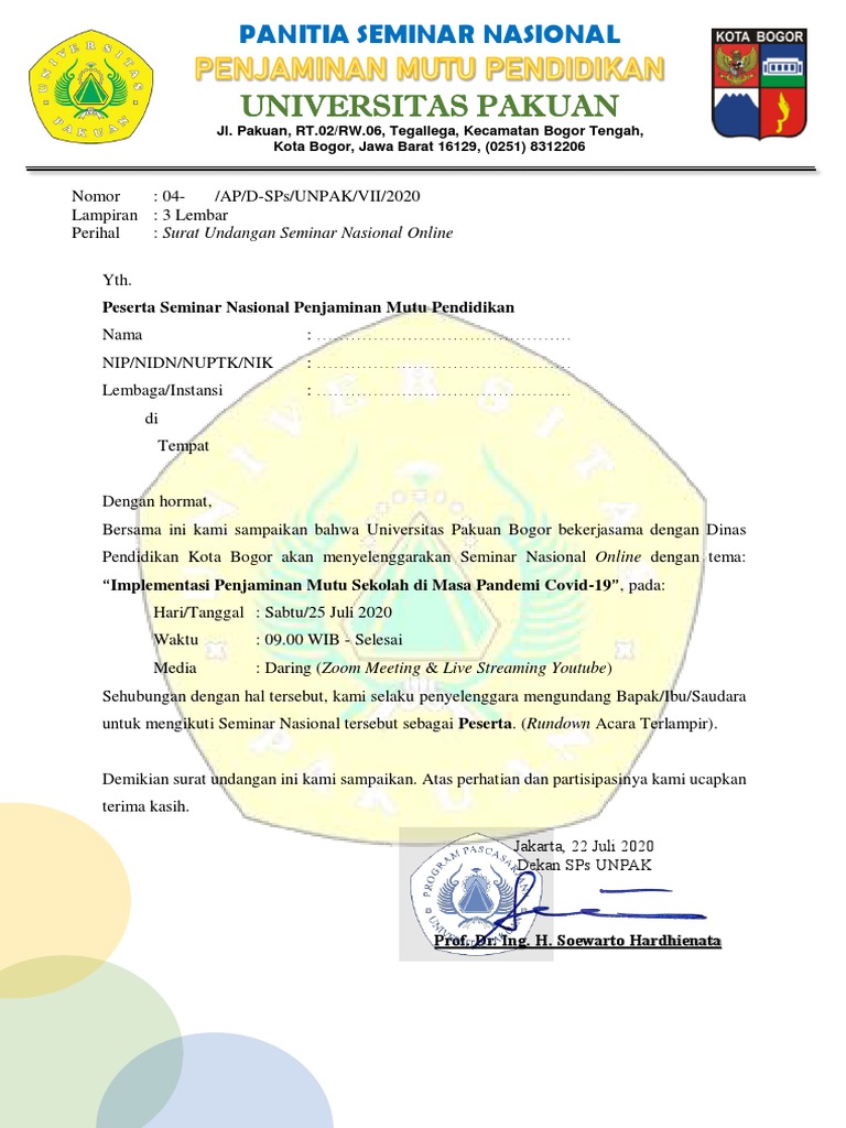 Surat Undangan Seminar Nasional | PDF