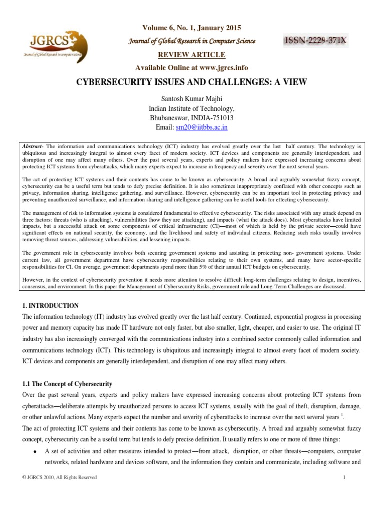 Cybersecurity Issues and Challenges: A View: Journal of Global Research ...