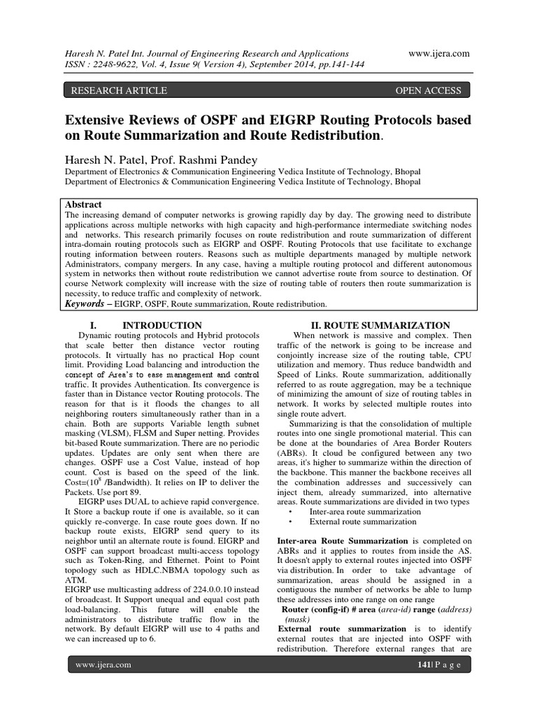 Extensive Reviews of OSPF and EIGRP Routing Protocols Based On Route Summarization and Route ...