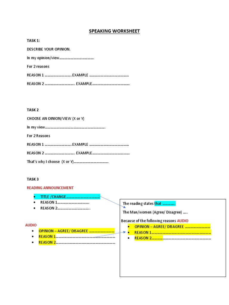 Speaking Worksheet for Opinion Tasks | PDF | Cognition | Psychological ...