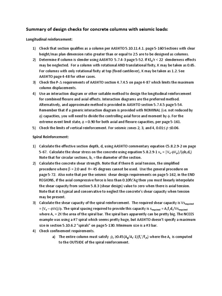 Summary of AASHTO LRFD Seismic Column Design | PDF | Bending | Column