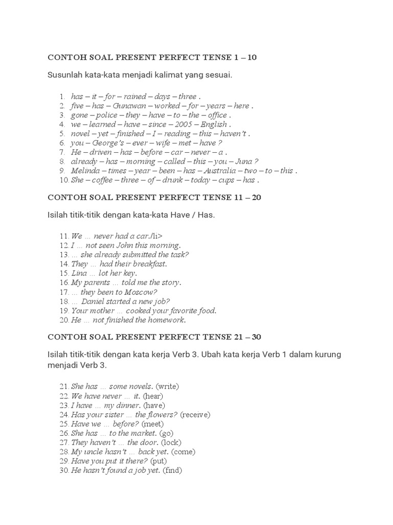 Contoh Soal Present Perfect Tense 1 | PDF | Morphology | Linguistic ...