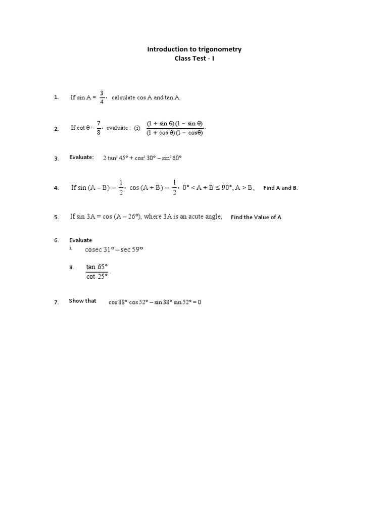 Trignometry - Class X Test 1 | PDF | Trigonometric Functions | Sine