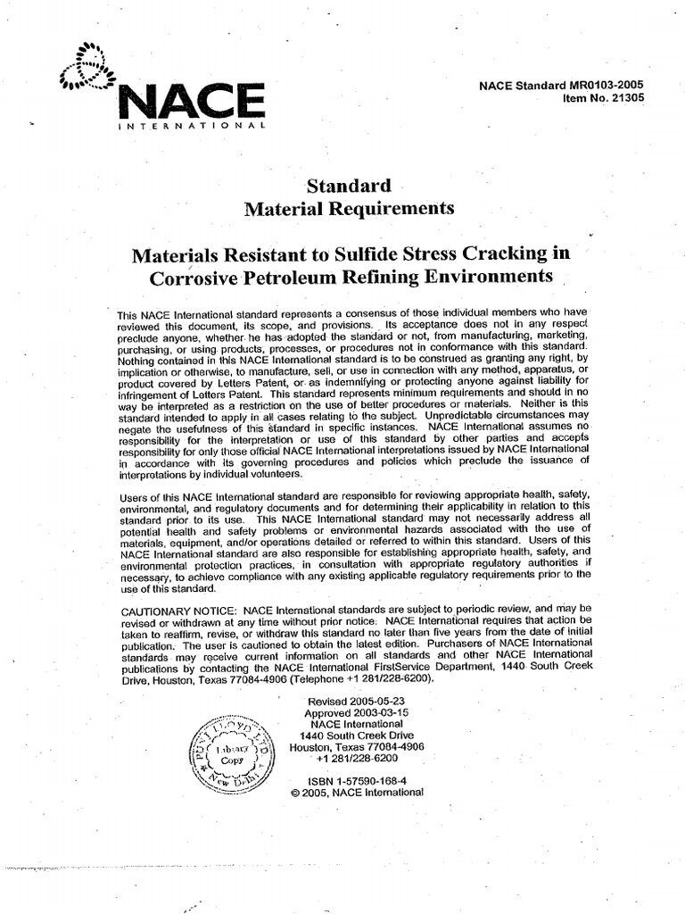 001-Nace MR0103 (2005) Materials Resistant To Sulfide Stress Cracking ...